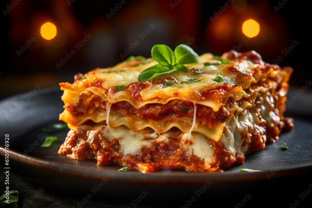 Highly detailed close-up photography of a tempting lasagna on a slate ...
