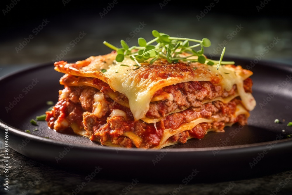 Highly detailed close-up photography of a tempting lasagna on a slate ...