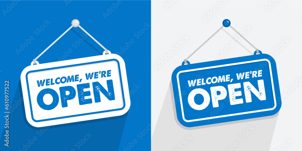 come in we're open shop sign in blue color isolated on realistic ...