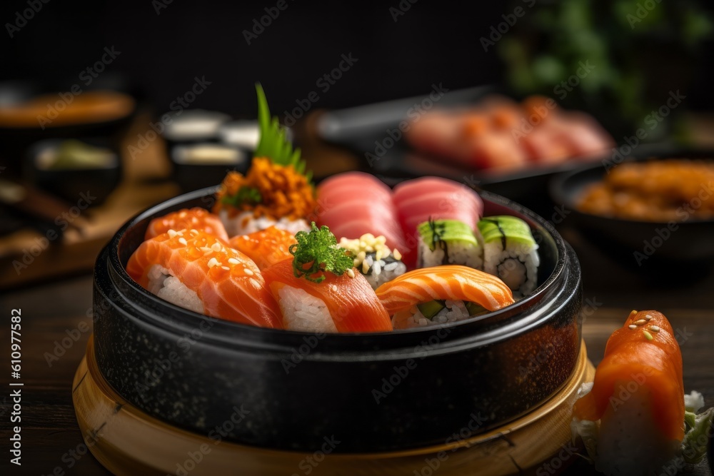 Highly detailed close-up photography of a tempting sushi in a clay dish ...