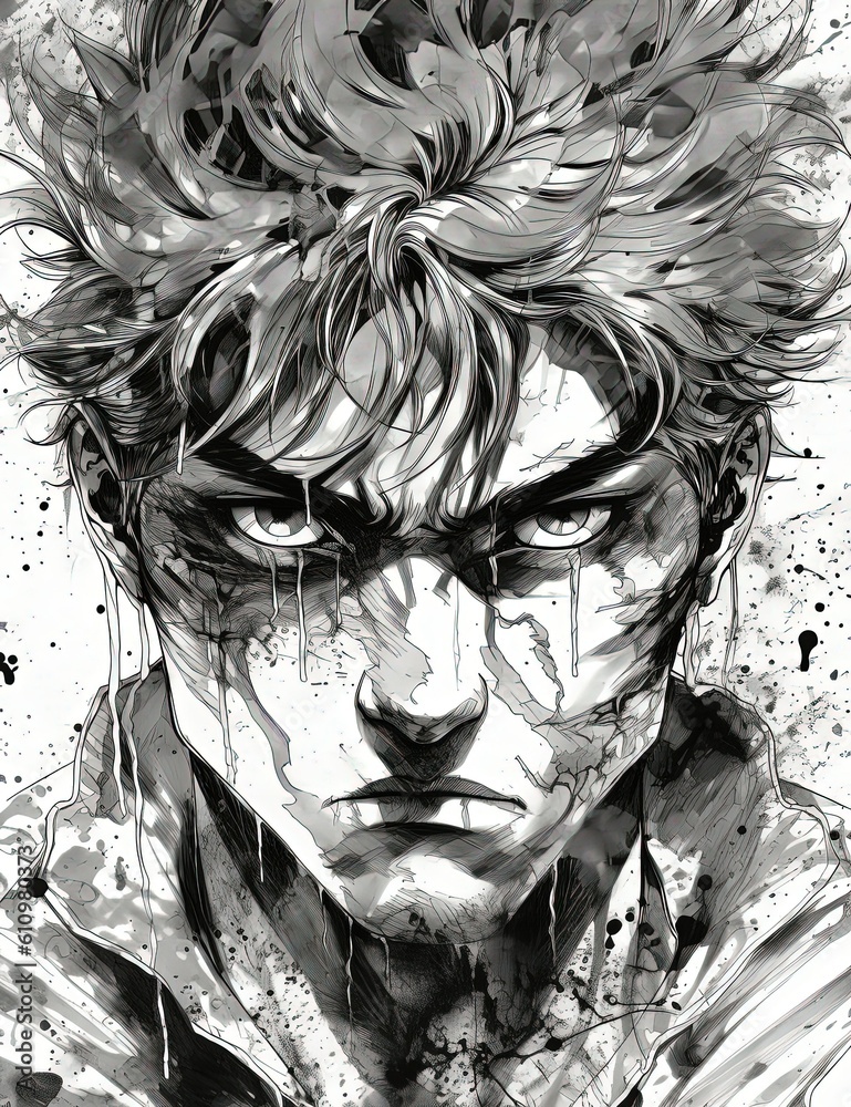 Detailed bkack and white ink drawing of a cartoon charcter, anime style ...