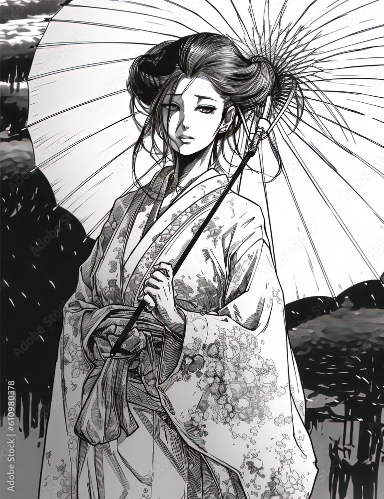 Detailed bkack and white ink drawing of a cartoon charcter, anime style ...