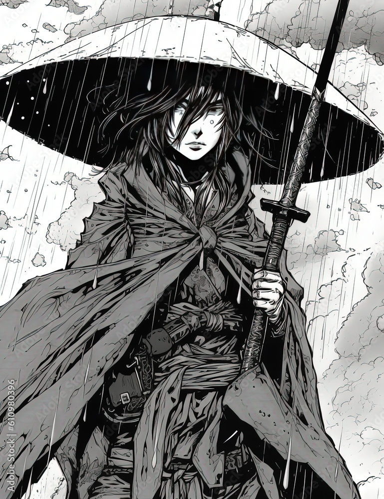 Detailed bkack and white ink drawing of a cartoon charcter, anime style ...