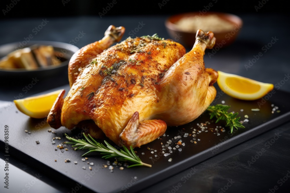 Highly detailed close-up photography of a tasty roast chicken on a ...