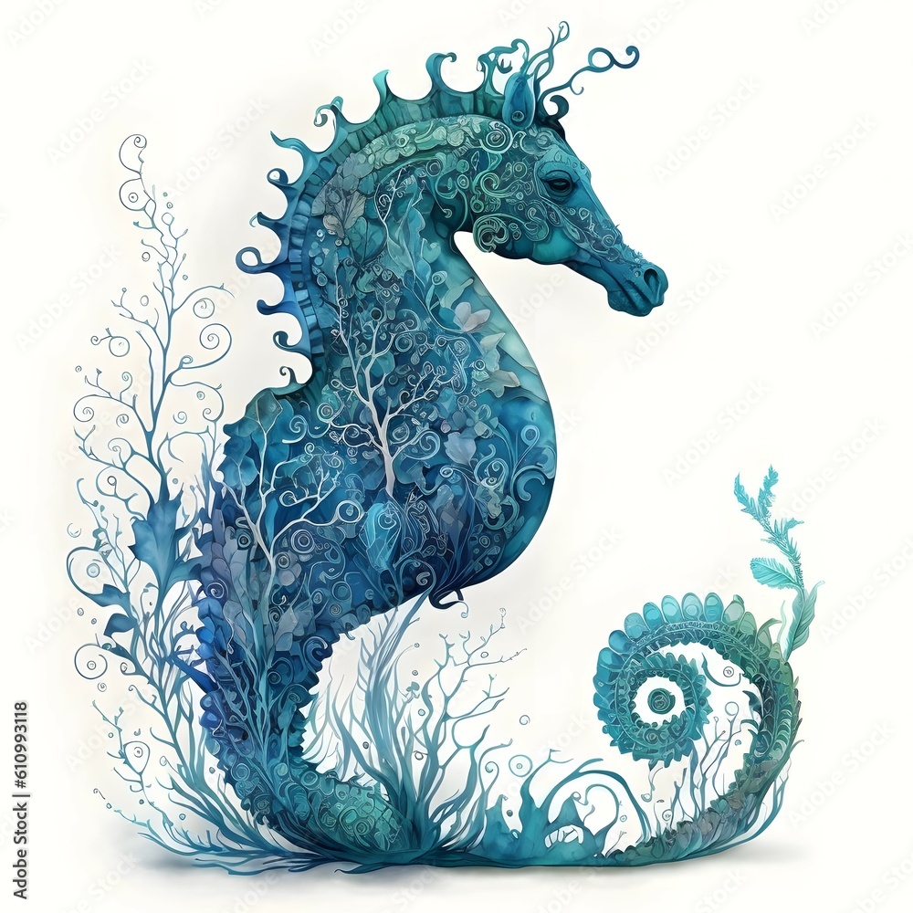 Beautiful watercolor and ink illustration of a fantasy magical Seahorse ...