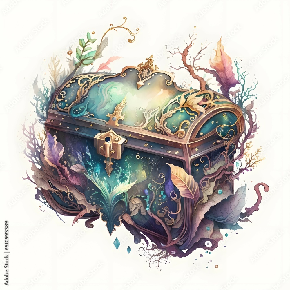Beautiful watercolor and ink illustration of a fantasy magical Treasure ...