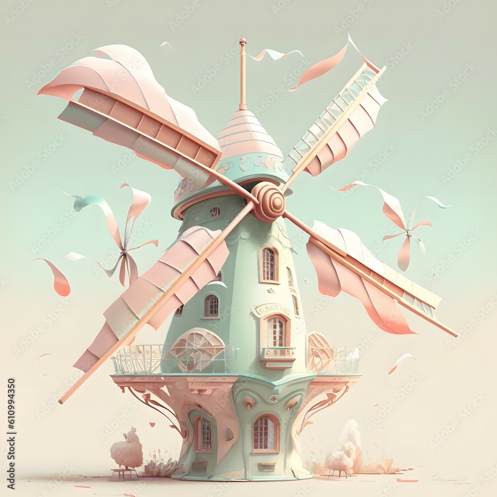 Whimsical Windmill, neo-rococo, pastel color scheme, detailed, soft ...