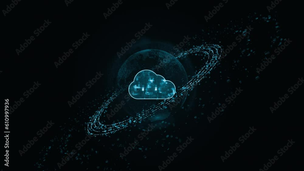 Motion Graphic Of Blue Digital Cloud Computing Logo With Particle Ring Circle Rotation And Earth