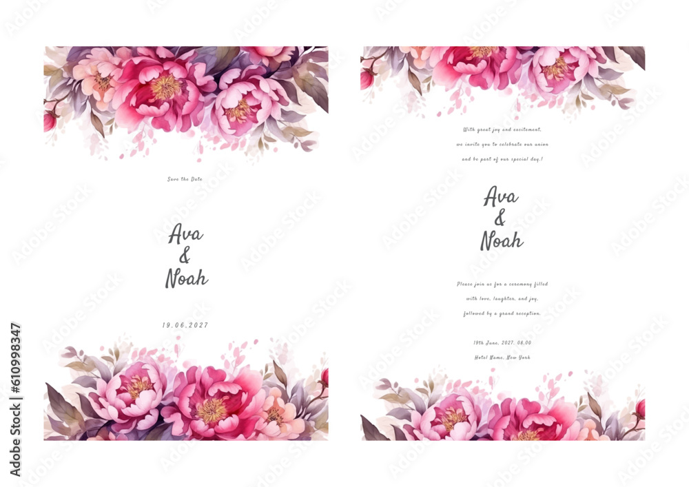 Wedding invitation card template set with pink floral and watercolor ...