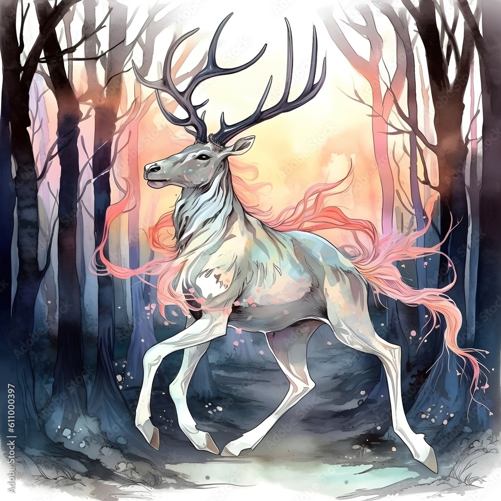 Prompt Full body vector illustration of a Luminescent Stag prancing in ...