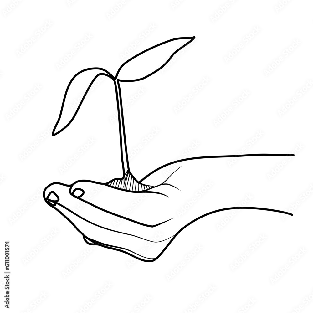 hand holding new plant tree line art sketch illustration Stock Vector ...
