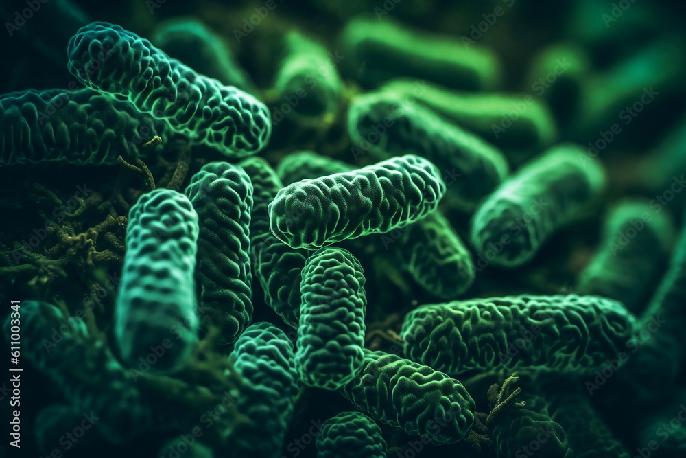 Macro close up shot of green bacteria and virus cells in a scientific ...