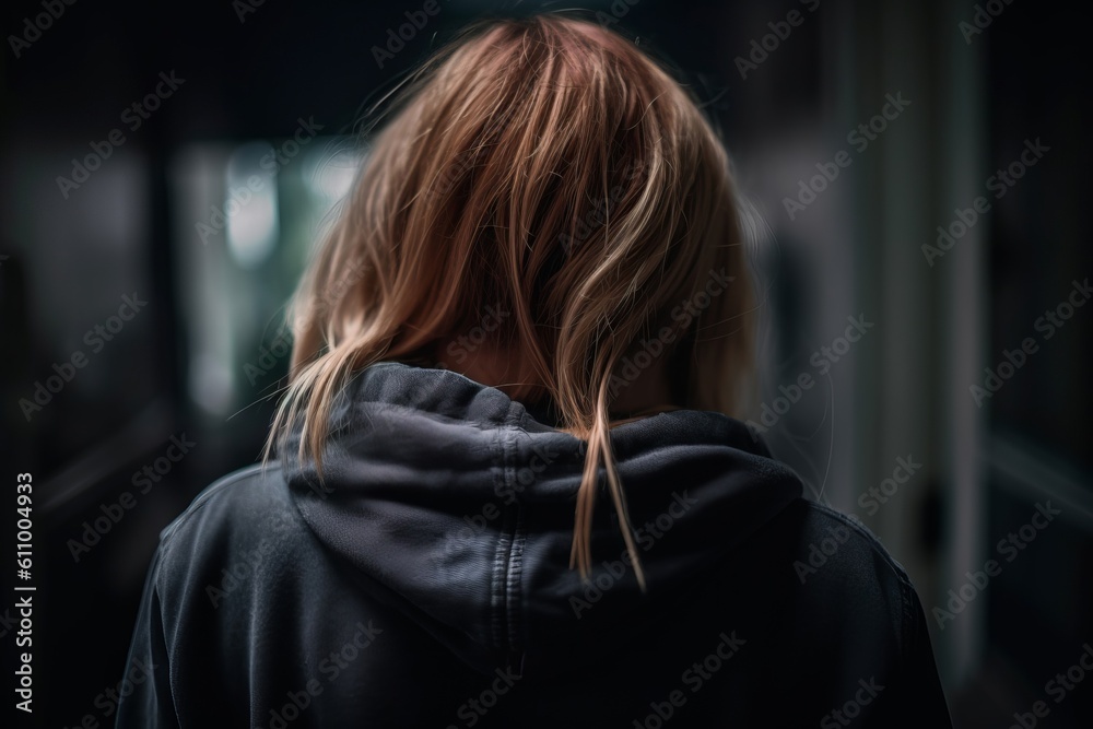 Back view of sad woman crying in dark room. Beautiful girl crying and ...