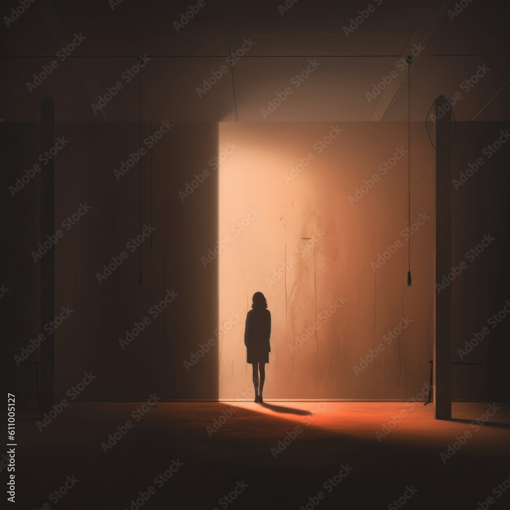 Ilustracja Stock: A person standing in a dark room the light of hope ...