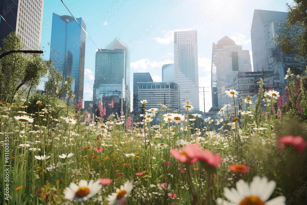 Rewilding the city, a city surrounded by flowers and greenery created ...