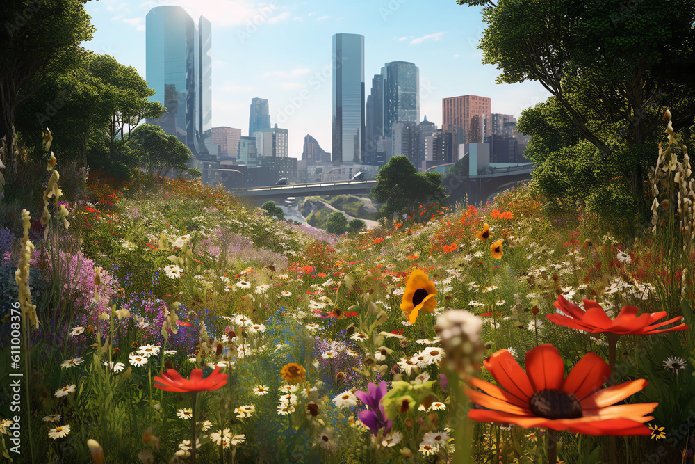 Rewilding the city, a city surrounded by flowers and greenery created ...