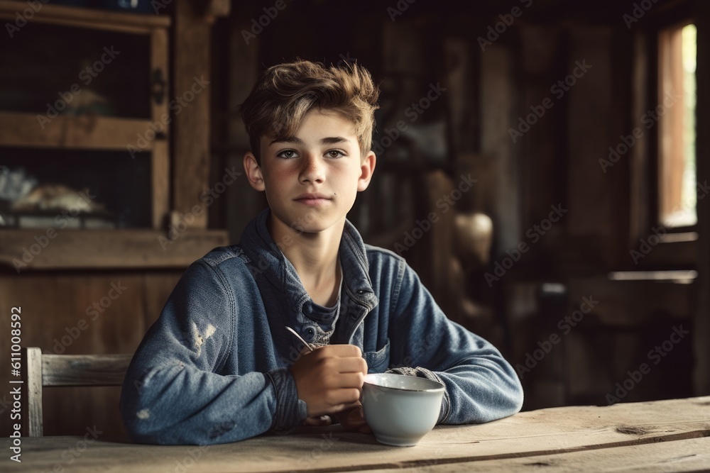 Environmental portrait photography of a satisfied mature boy having ...