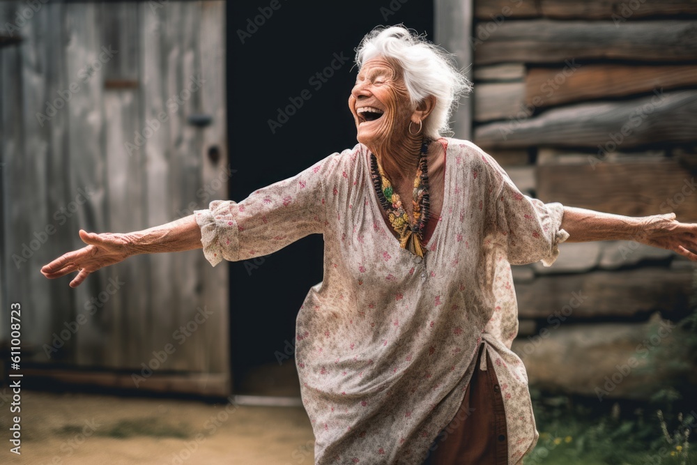 Lifestyle portrait photography of a grinning old woman dancing against ...