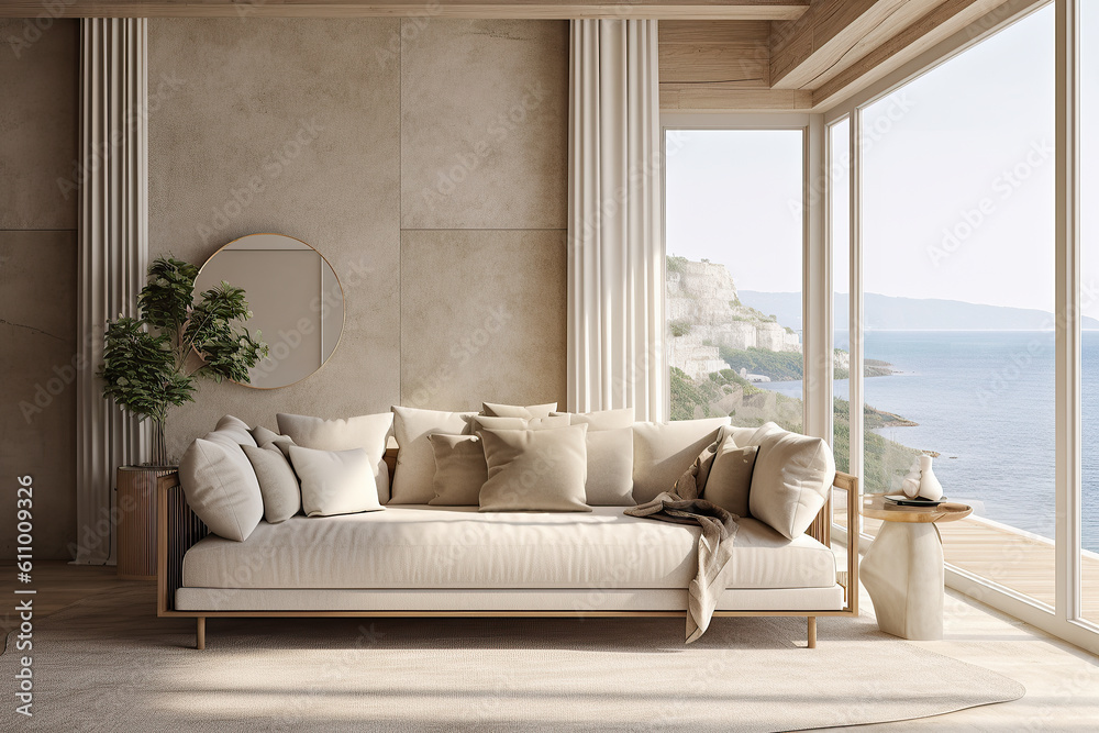 Interior design composition with a modern sofa in front of a large ...