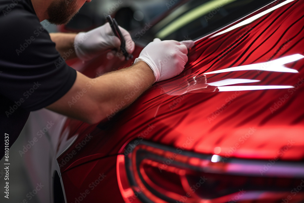 Photo & Art Print Car wrapping specialist at work, wrapping a sports ...