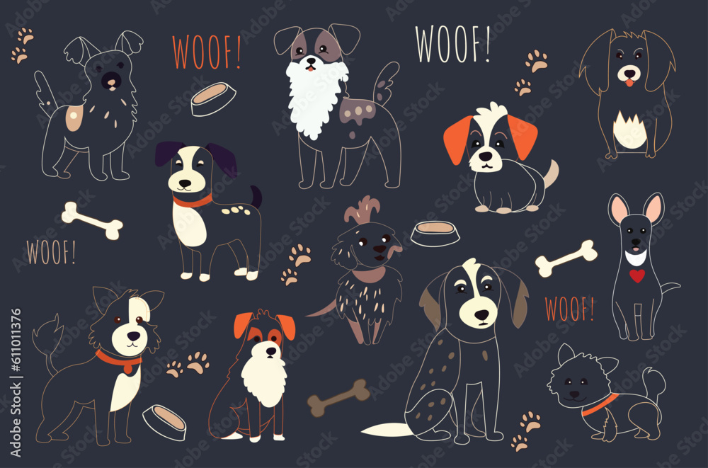 Cute dogs doodle vector illustration set. Cartoon dog or puppy ...