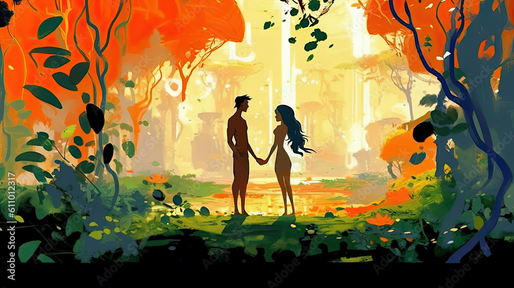 Colorful painting art portrait of Adam and Eve in the Garden of Eden ...