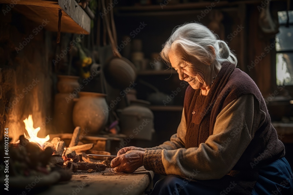 Environmental portrait photography of a satisfied old woman building or ...