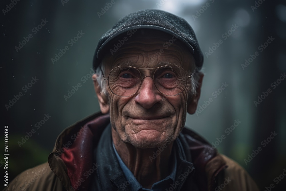 Photography in the style of pensive portraiture of a grinning old man ...