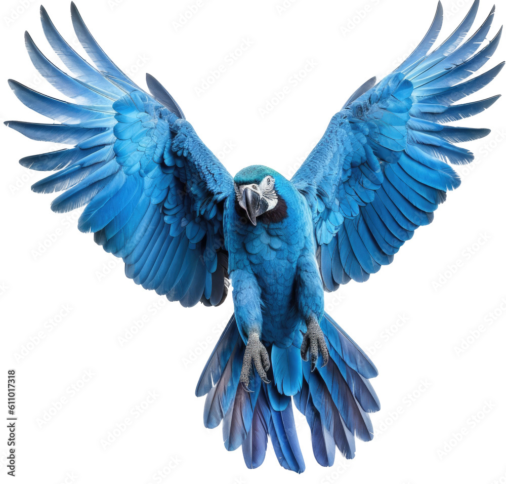 Flying blue macaw parrot isolated on white background as transparent ...