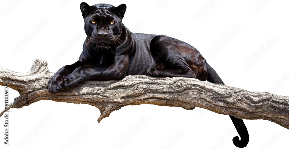Black panther lying on a tree branch isolated on white or transparent ...