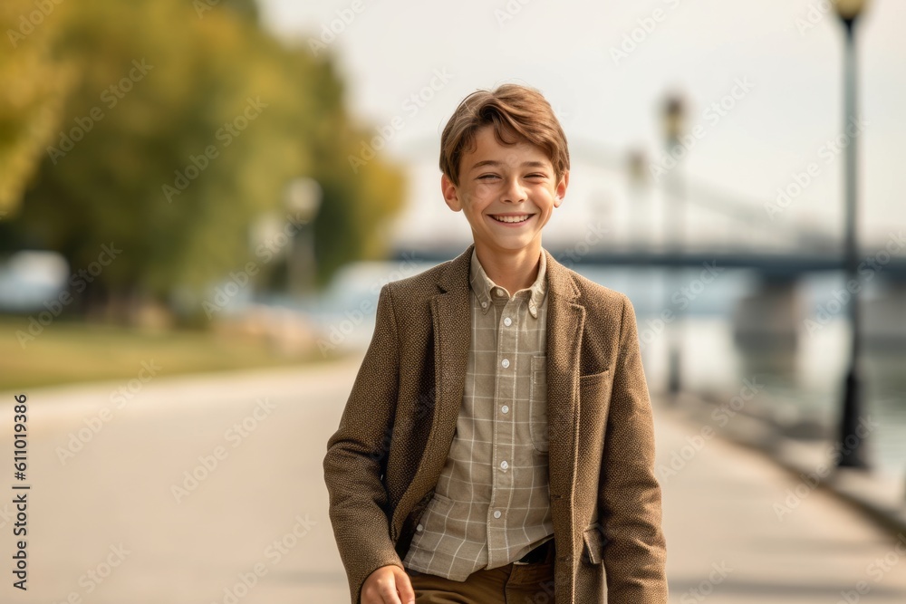 Medium shot portrait photography of a happy mature boy walking against ...