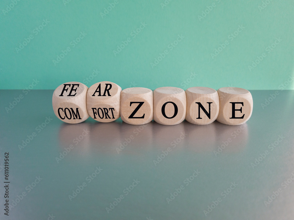 Comfort or fear zone symbol. Turned wooden cubes and changes words ...