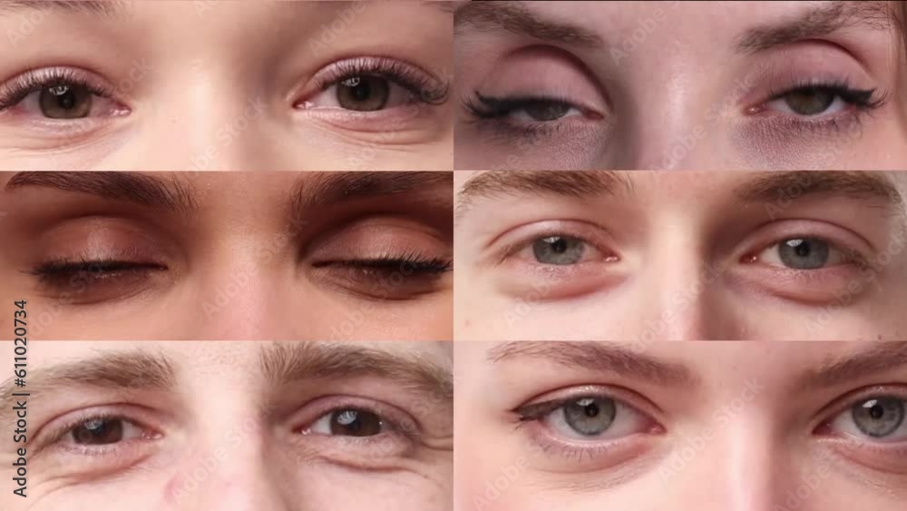 Video collage made of close-up images of different people's eyes. Young ...