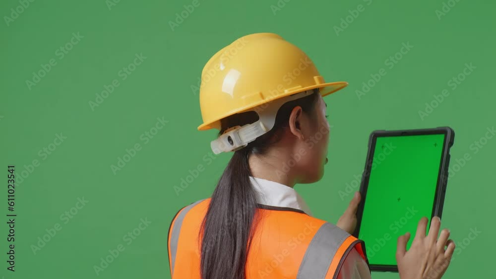 Close Up Back View Of Asian Female Engineer With Safety Helmet Working ...