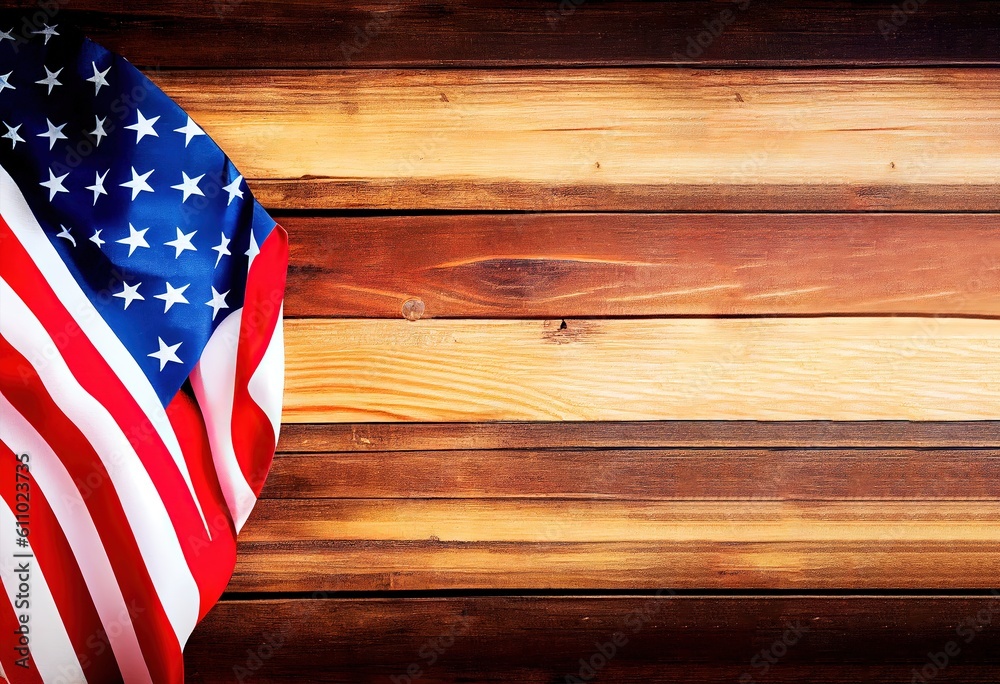 Top view with American flag on wood table background, American flag top ...