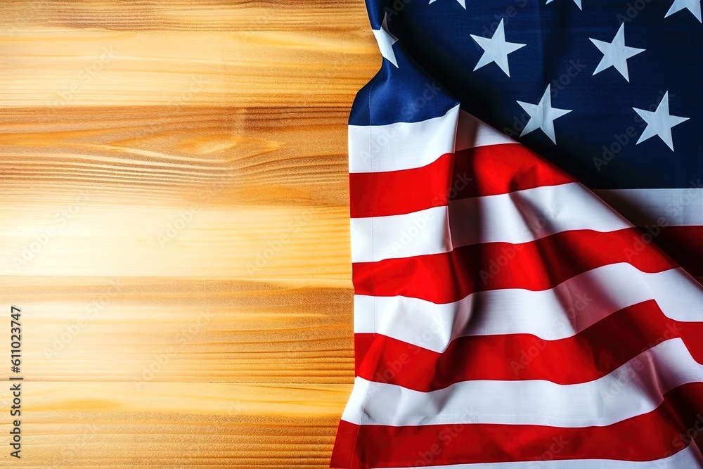 Top view with American flag on wood table background, American flag top ...