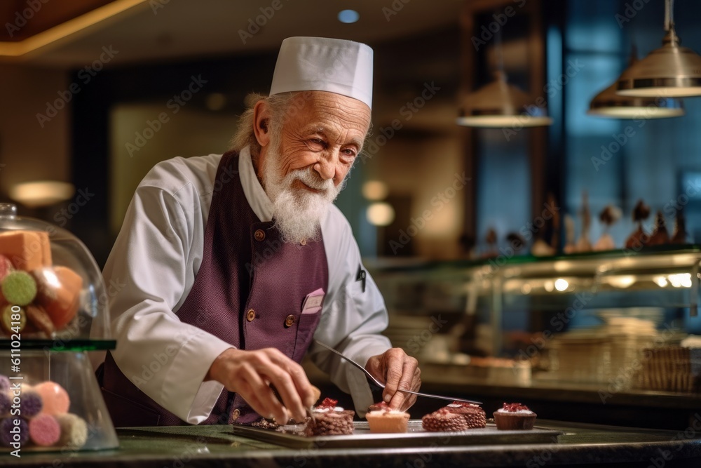 Environmental portrait photography of a satisfied old man making a cake ...