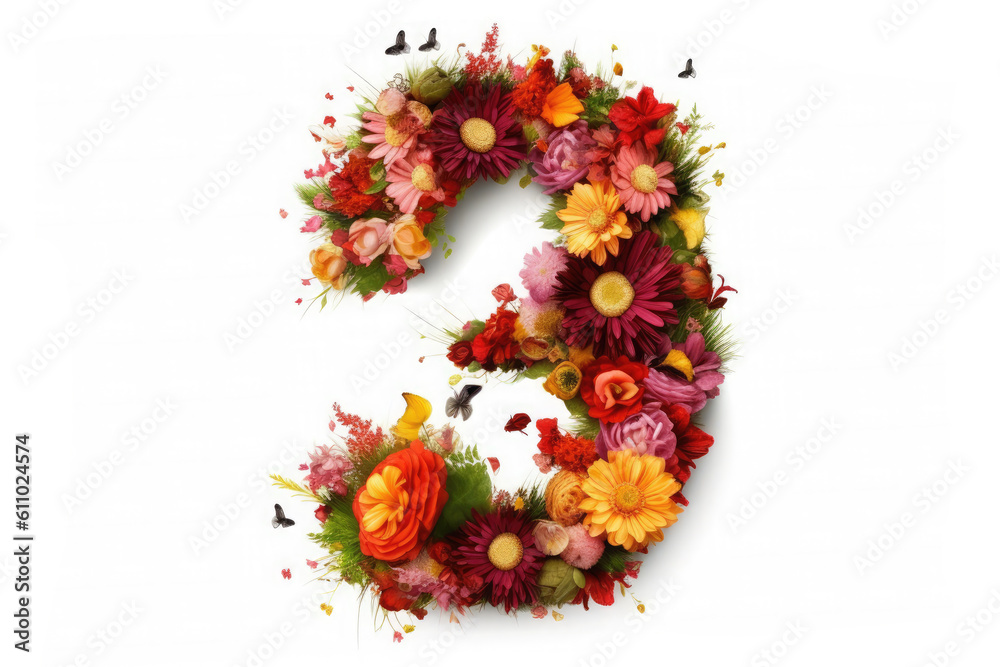 number three formed by flowers isolated on white background. Ai ...