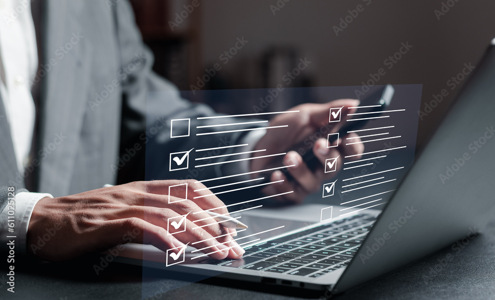 Checklist concept, businessman checking mark on checklist. online ...