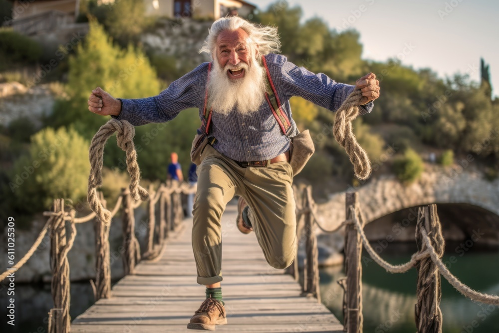 Medium shot portrait photography of a happy old man jumping with ...
