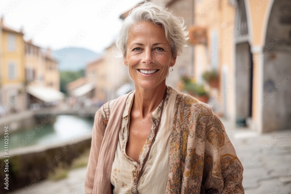 Environmental portrait photography of a grinning mature woman walking ...
