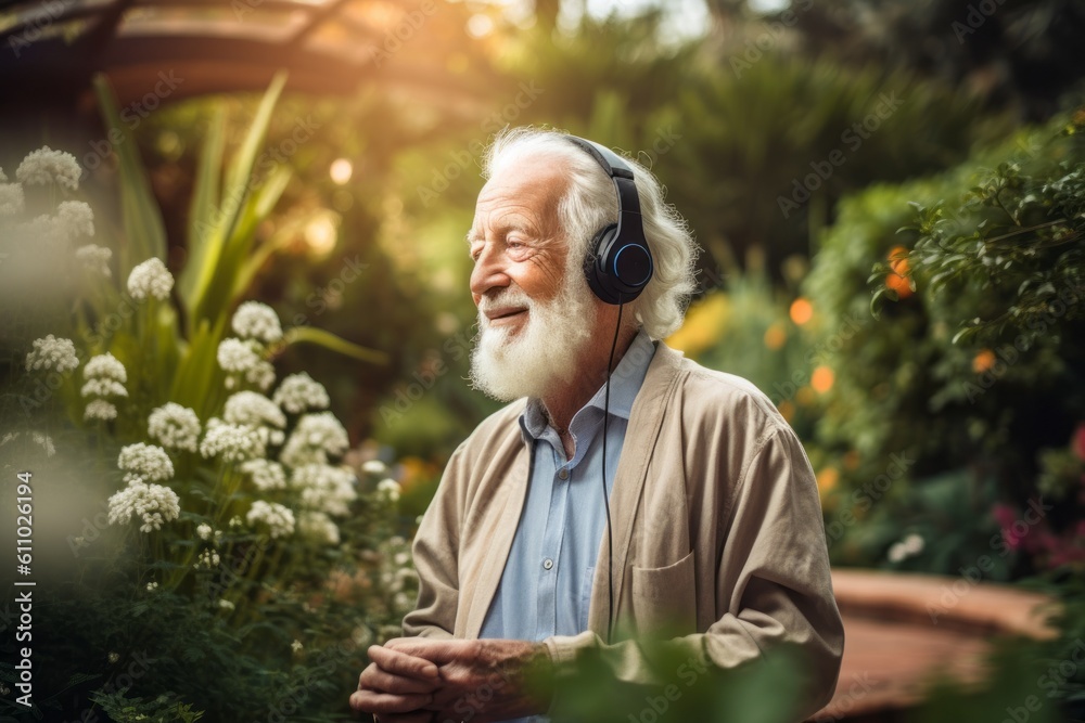 Lifestyle portrait photography of a glad old man listening to music ...