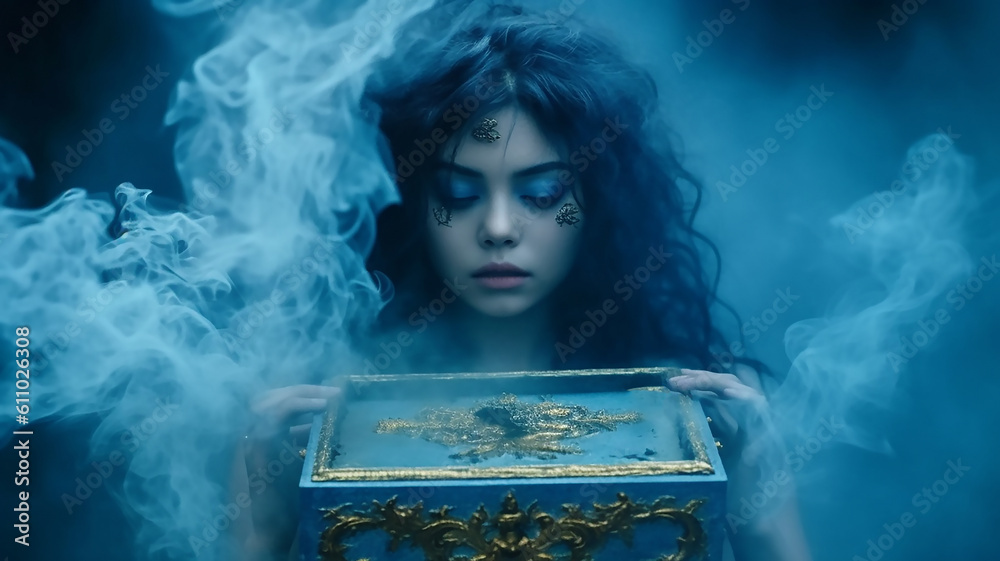 Background blue smoke, Sad girl holds the evil gift box of the gods ...