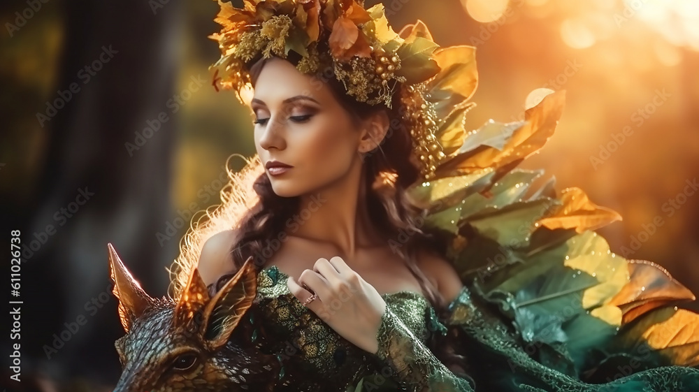 Fantasy queen hugs dragon, Magic flowering trees green leaves, Princess ...