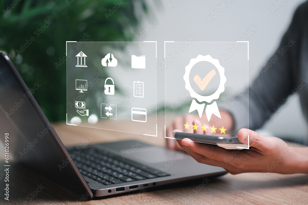 Business women people use smartphones with symbol of top service ISO ...