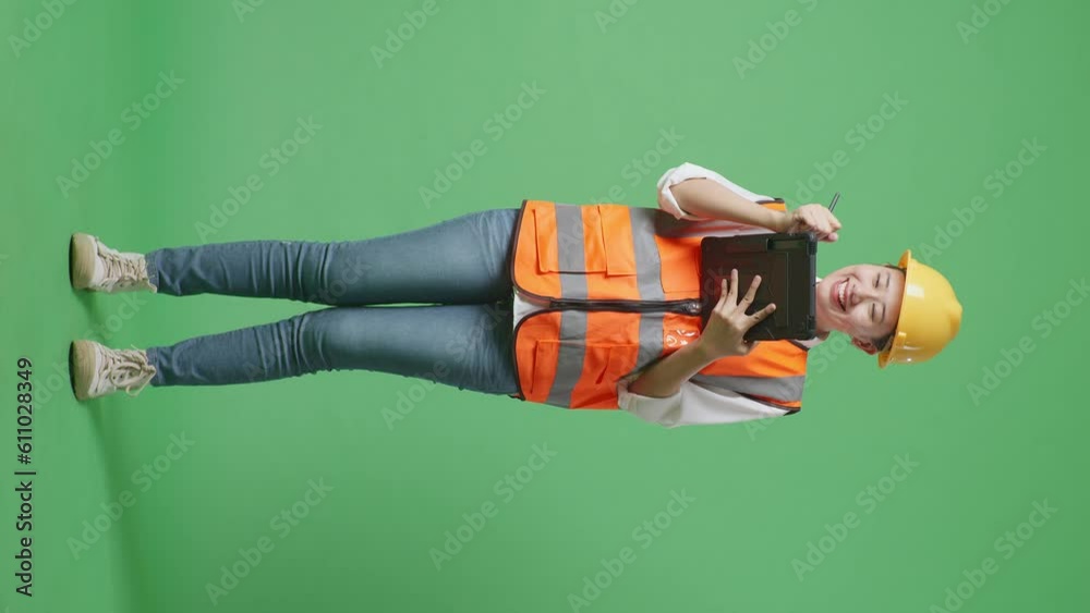 Full Body Of Asian Female Engineer With Safety Helmet Taking Note On ...