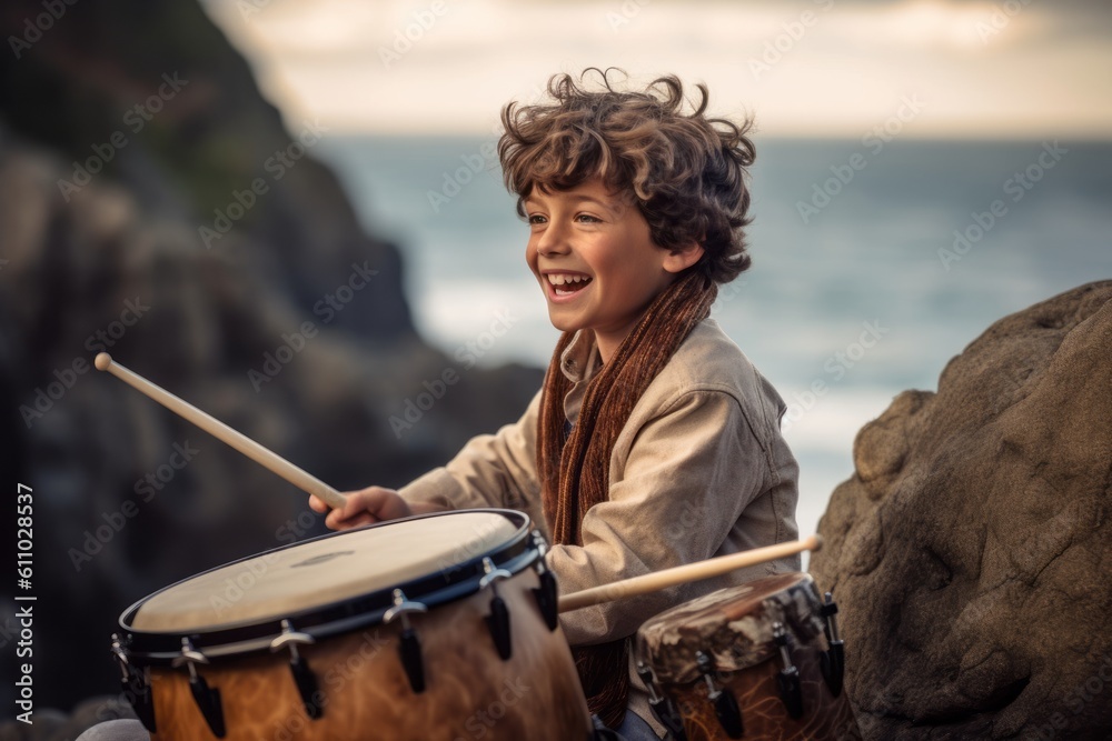 Environmental portrait photography of a happy kid male playing the drum ...