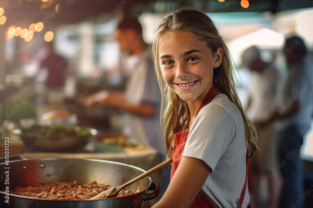 Medium shot portrait photography of a glad kid female cooking against a ...