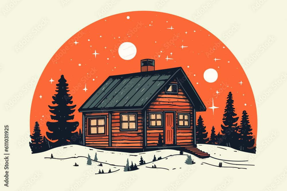 Doodle inspired Doodle outside of remote cabin, cartoon sticker, sketch ...