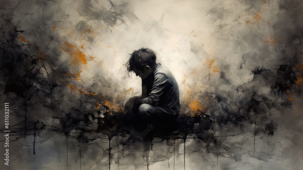 Depressed boy sitting slumped symbolizing bad emotional state ...